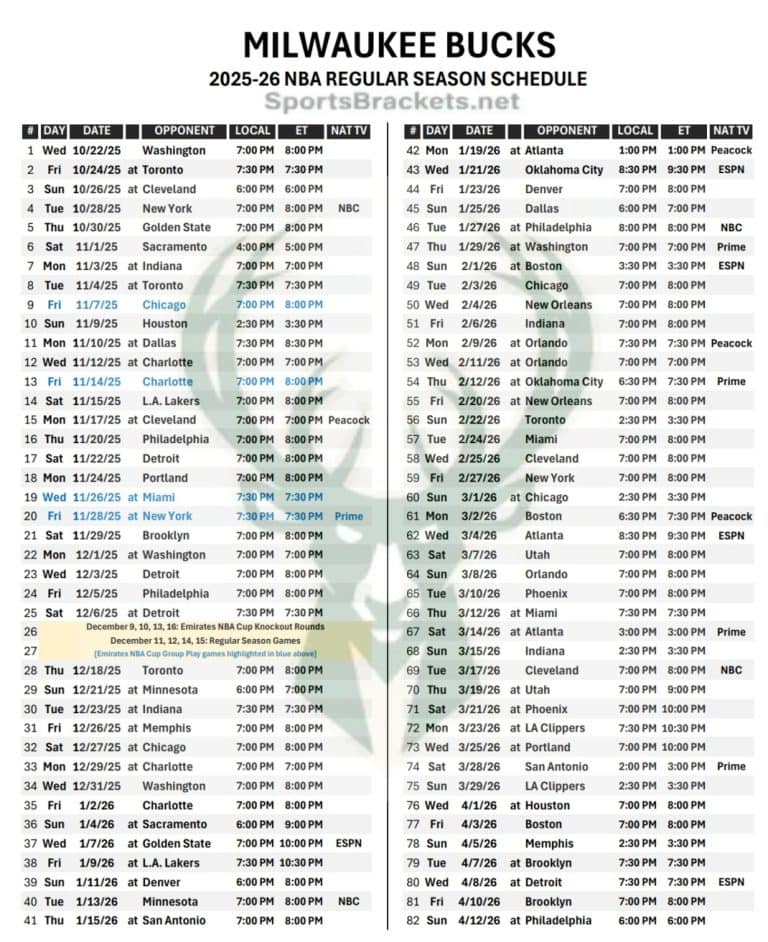 Printable 2025-26 Milwaukee Bucks Schedule; TV Broadcasts and Matchups ...