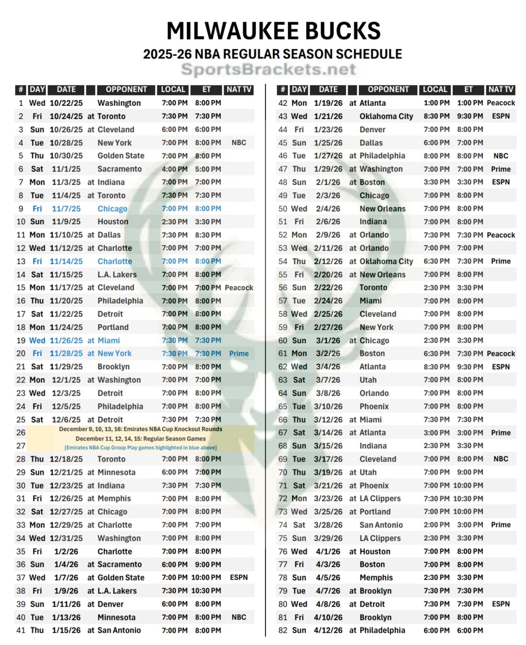 Printable 2025-26 Milwaukee Bucks Schedule; TV Broadcasts and Matchups ...