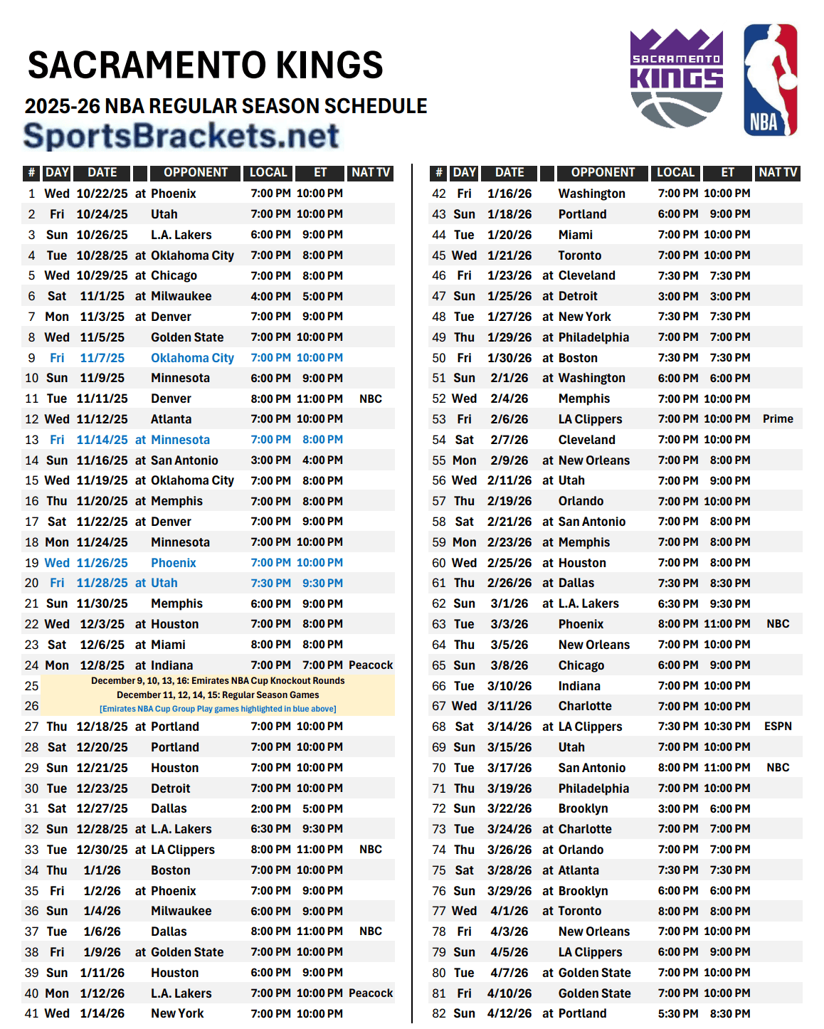Printable 2025-26 Sacramento Kings Schedule; TV Broadcasts and Matchups ...