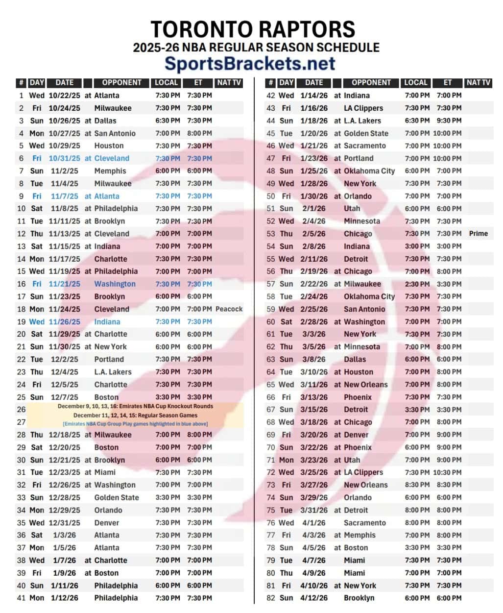 Printable 2025-26 Toronto Raptors Schedule; TV Broadcasts and Matchups ...
