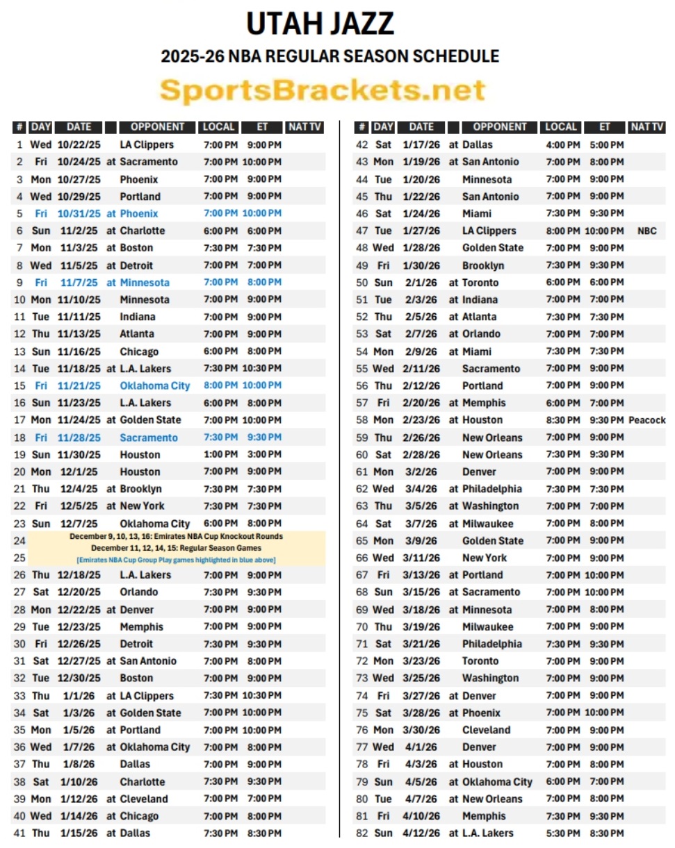 Printable 2025-26 Utah Jazz Schedule; TV Broadcasts and Matchups - Sports Brackets