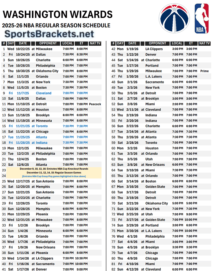 Printable 2025-26 Washington Wizards Schedule; TV Broadcasts and ...