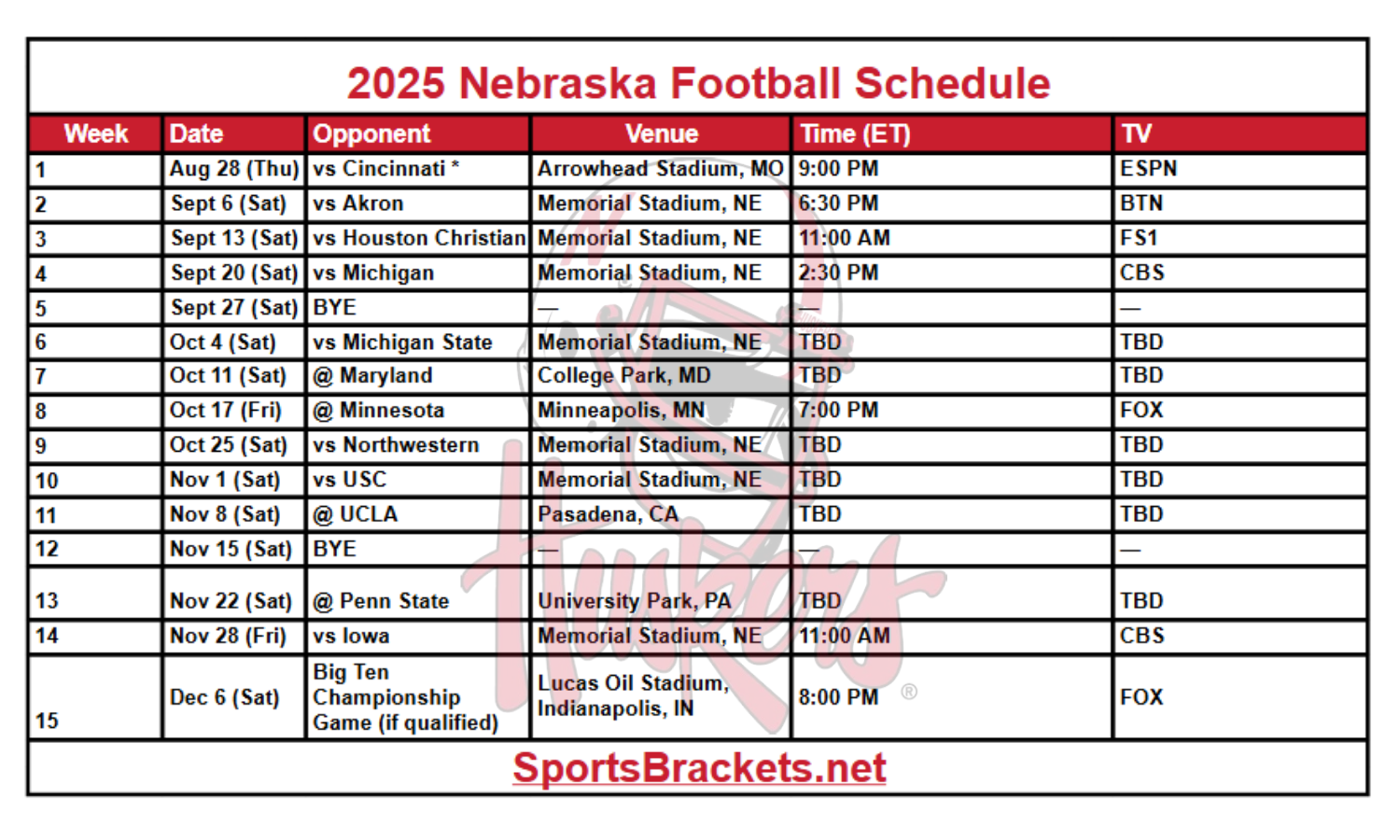 2025 Nebraska Football Schedule; Printable, Matchups and TV Broadcasts - Sports Brackets