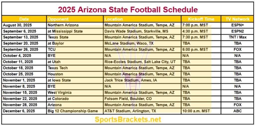 2025 Arizona State Football Schedule; Printable, Matchups and TV - Sports Brackets
