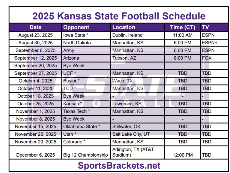 2025 Kansas State Football Schedule; Printable, Matchups and TV - Sports Brackets