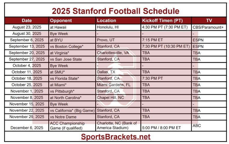 2025 Stanford Football Schedule; Printable, Matchups and TV - Sports ...