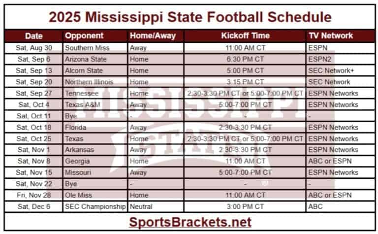 2025 Mississippi State Football Schedule; Printable, Matchups and TV ...