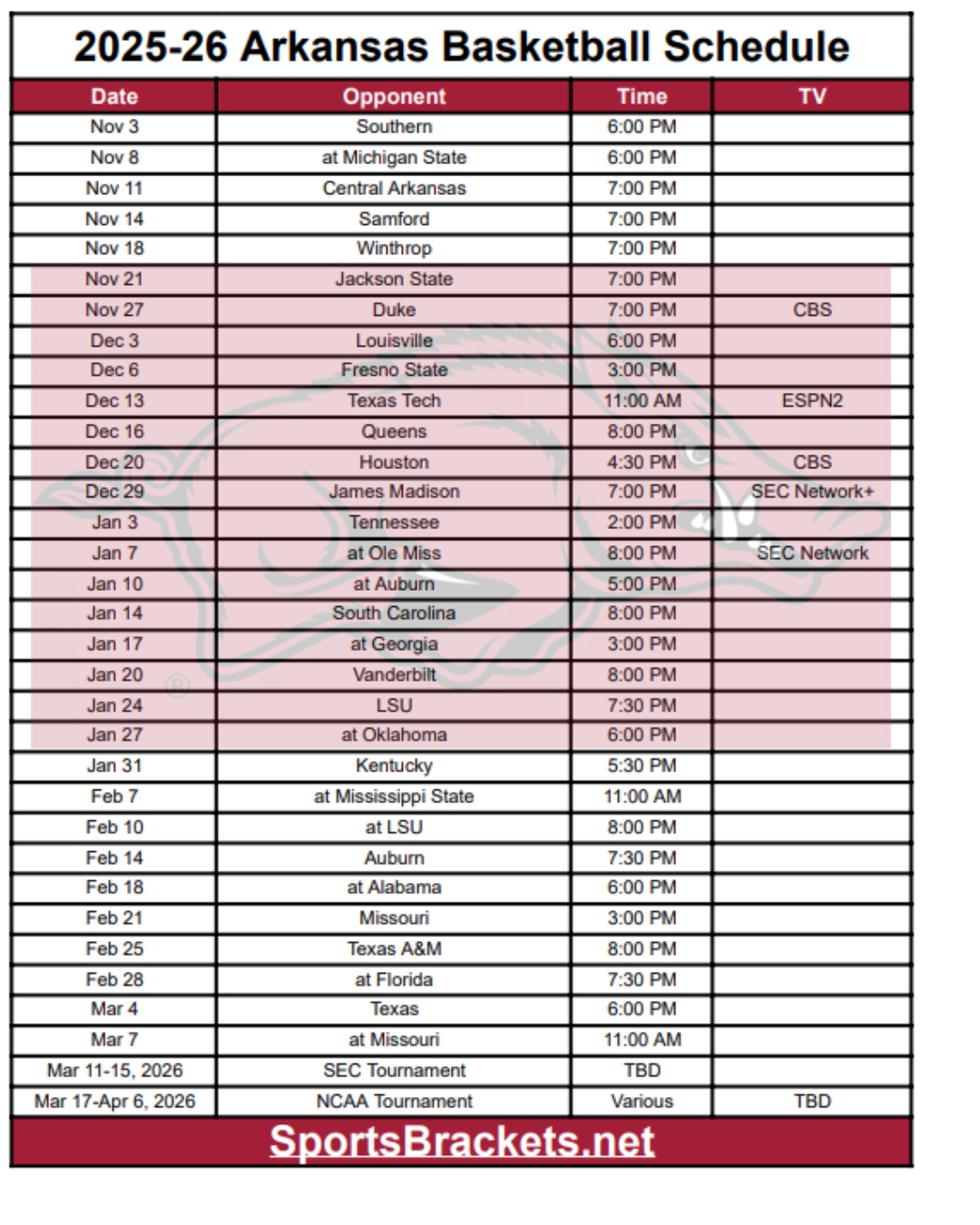 Printable 2025-26 Arkansas Basketball Schedule; PDF format, TV ...