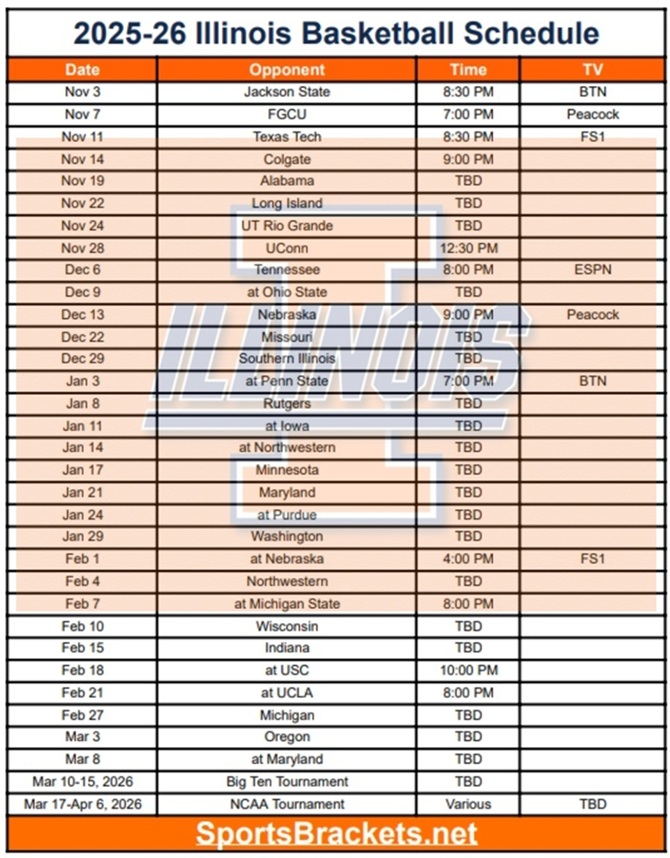 Printable 2025-26 Illinois Basketball Schedule; PDF format, TV ...