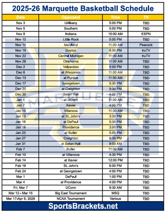 Printable 2025-26 Marquette Basketball Schedule; PDF format, TV ...