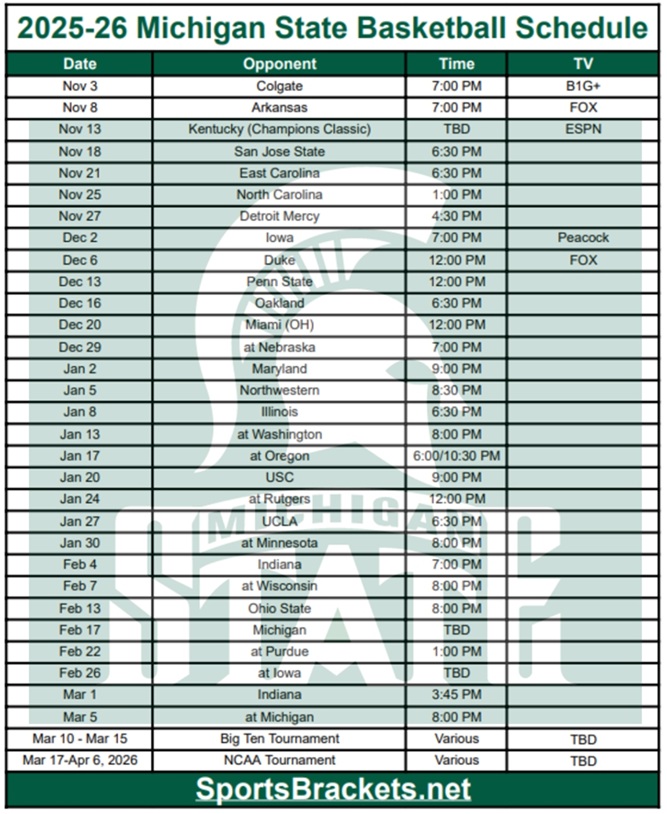 Printable 2025-26 Michigan State Basketball Schedule; PDF format, TV ...