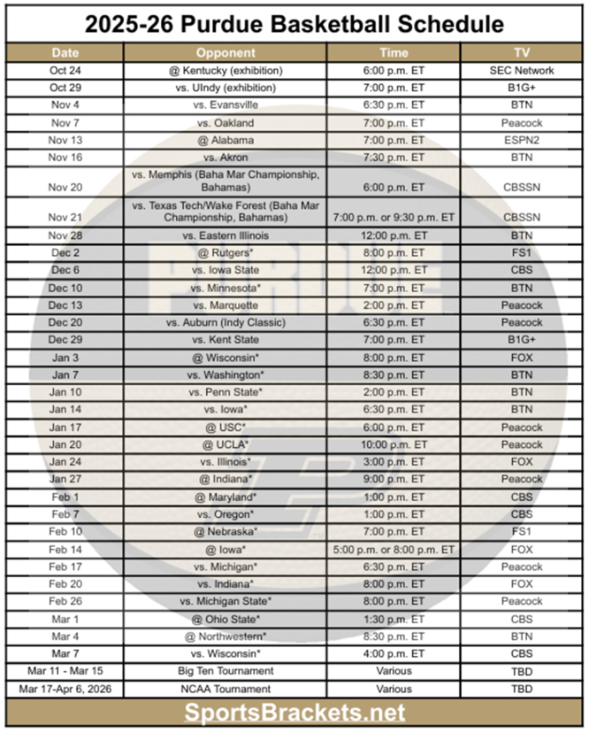 Printable 2025-26 Purdue Basketball Schedule; PDF format, TV Broadcasts ...