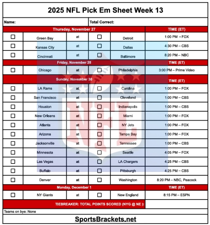 2025 NFL Pick Em Sheet Week 13; Printable, PDF Format - Sports Brackets