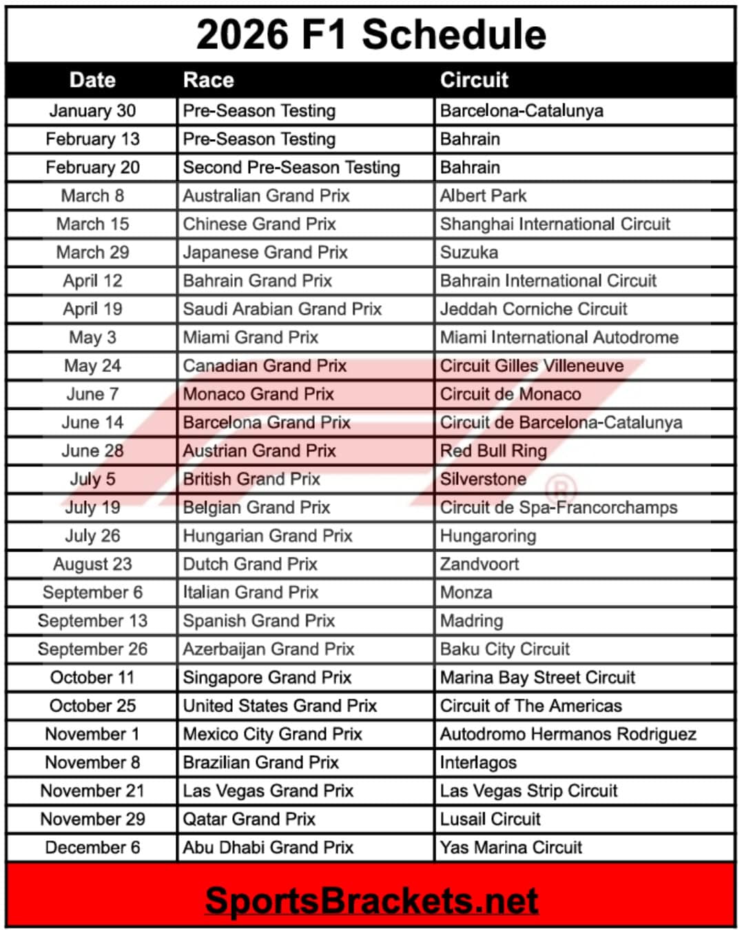 2026 F1 Schedule; Printable, PDF Format - Sports Brackets