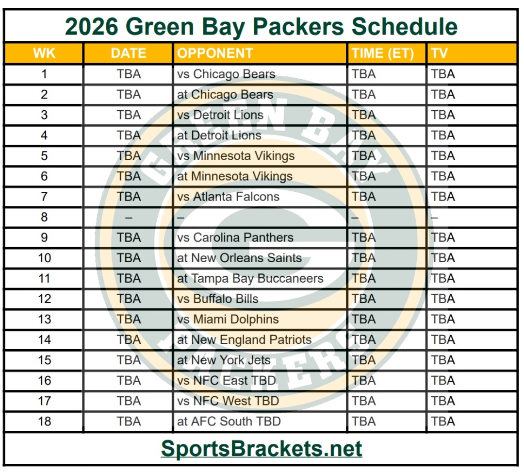 Printable 2026 Green Bay Packers Schedule; Matchups and TV Broadcasts - Sports Brackets