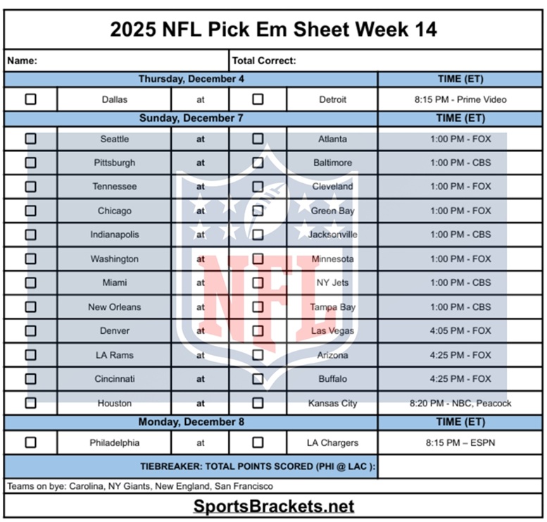 2025 NFL Pick Em Sheet Week 14; Printable, PDF Format - Sports Brackets