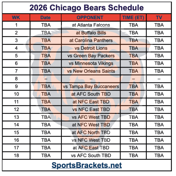 Printable 2026 Chicago Bears Schedule: Opponents, TV Release, and ...