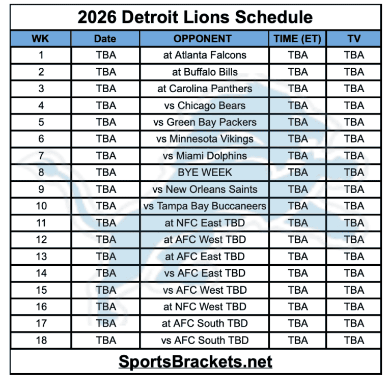2026 Detroit Lions Schedule Opponents Munich Game And Printable Pdf