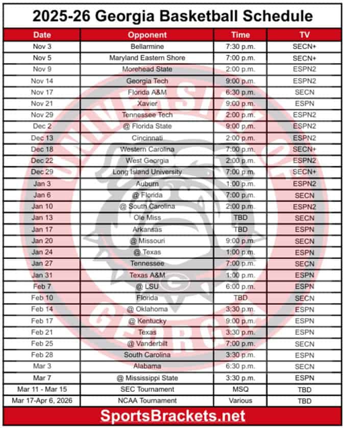 Printable 2025-26 Georgia Basketball Schedule; PDF format, TV ...