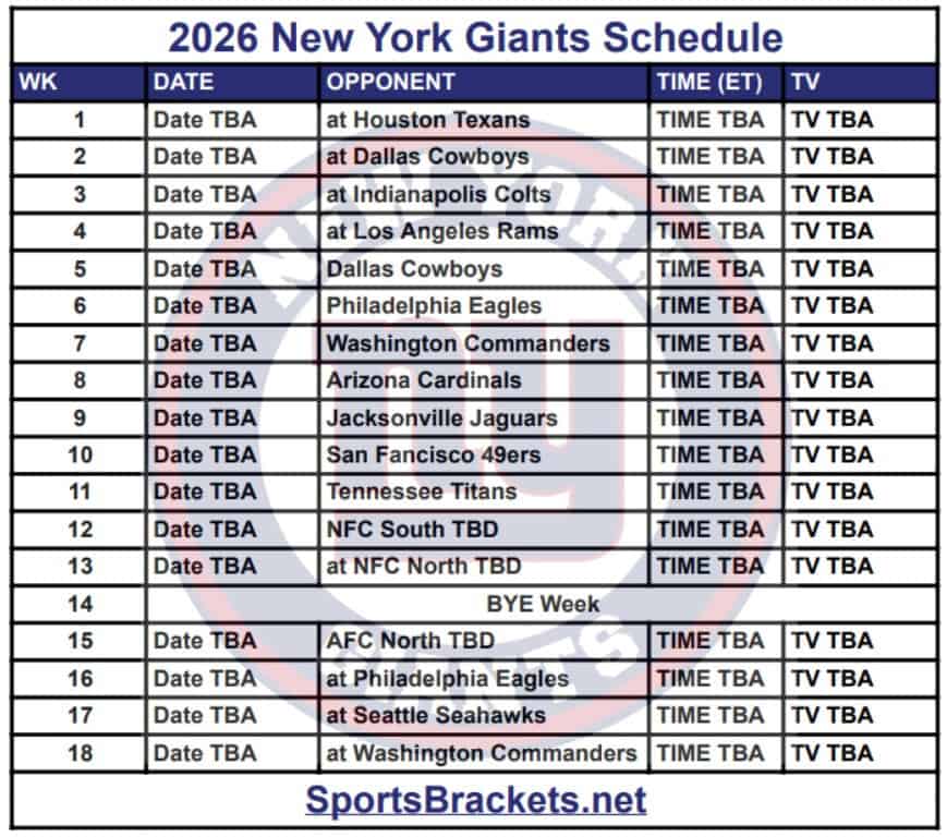 Printable 2026 New York Giants Schedule; Matchups and TV Broadcasts - Sports Brackets