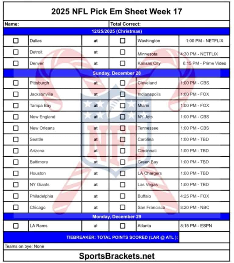 2025 NFL Pick Em Sheet Week 17; Printable, PDF Format - Sports Brackets