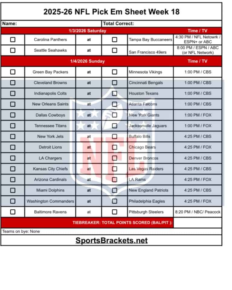 2026 NFL Week 6 Schedule: Printable Pickem Sheet, Matchups, and TV ...