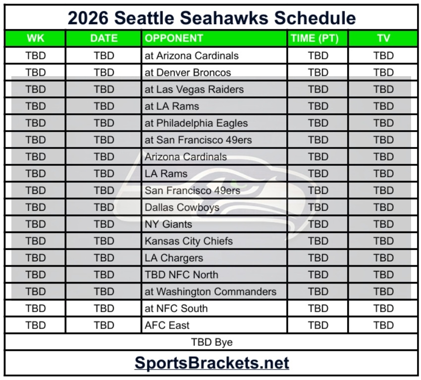 Printable 2026 Seattle Seahawks Schedule; Matchups and TV Broadcasts ...