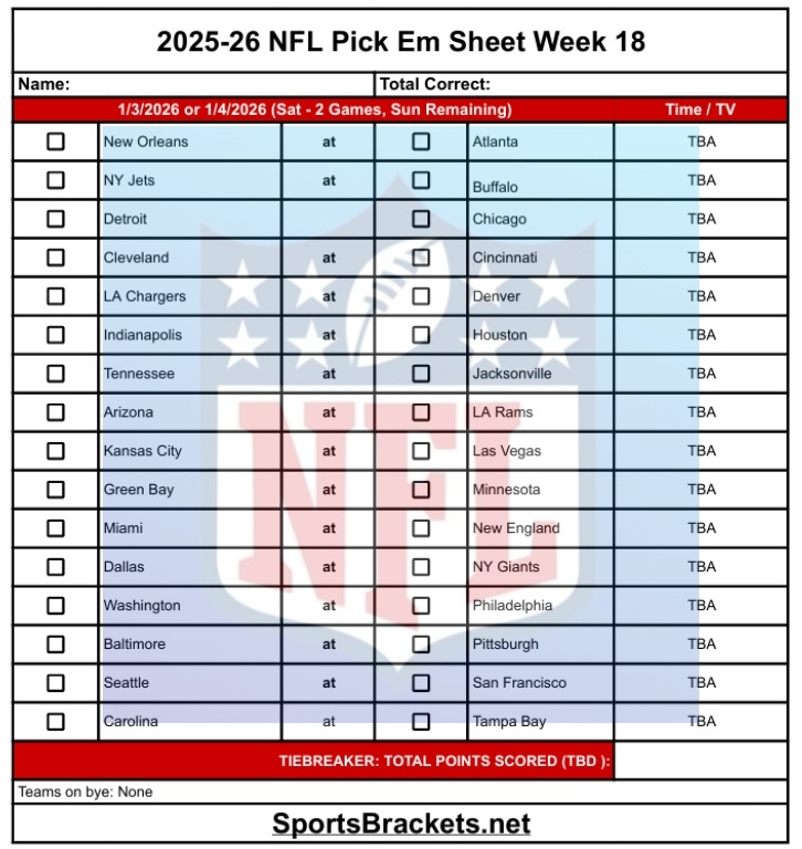 2025 NFL Pick Em Sheet Week 18; Printable, PDF Format - Sports Brackets