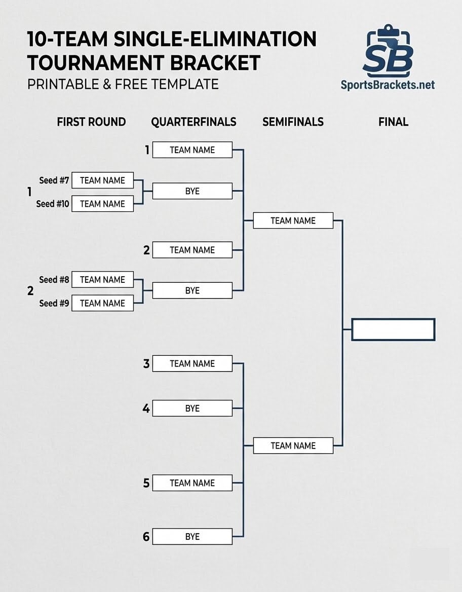 Blank Tournament Brackets: Printable 10, 12, and 16-Team PDF Templates ...