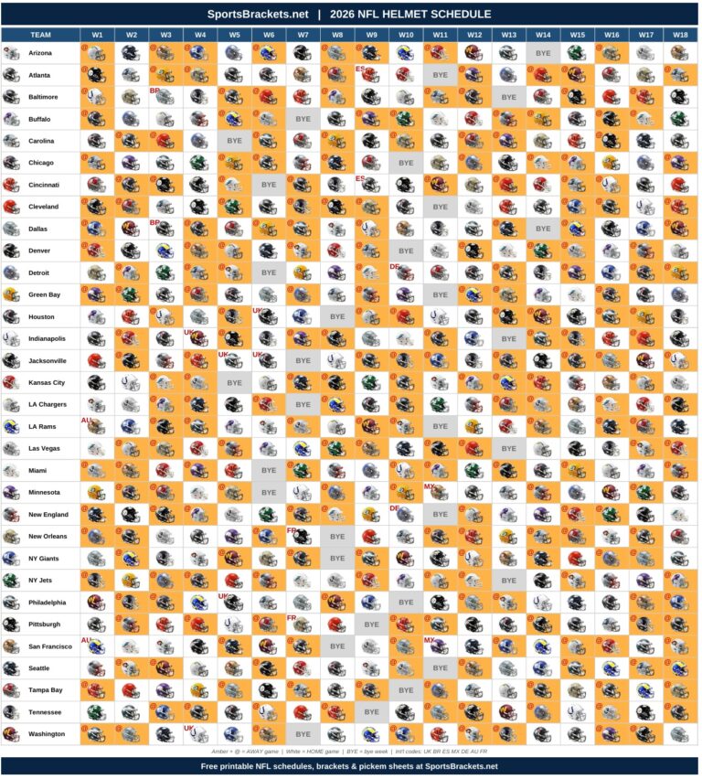 Printable 2026 NFL Helmet Schedule: Visual Grid and Team Tracker (PDF ...